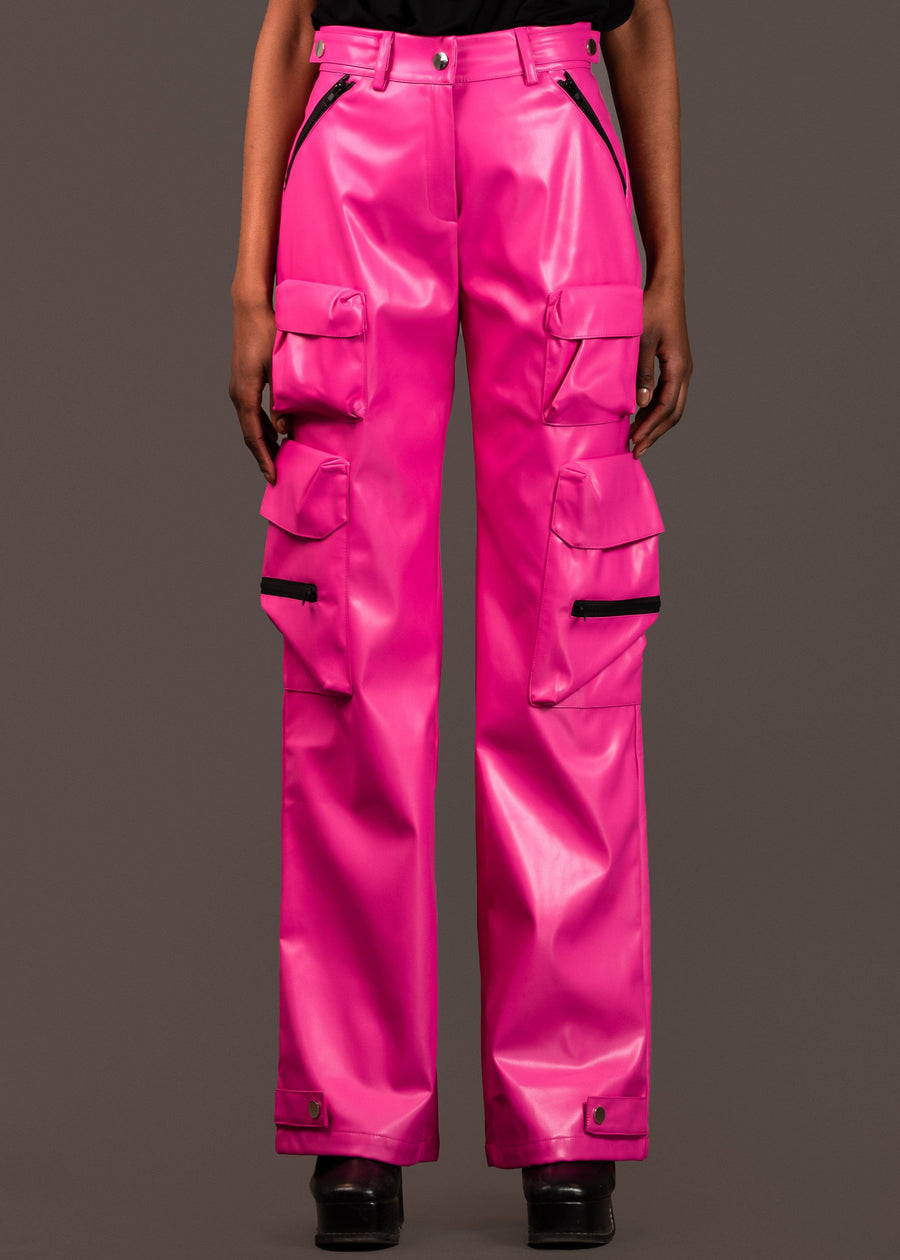 Hot Pink Vegan Leather Cargo Pant - Kate Hewko