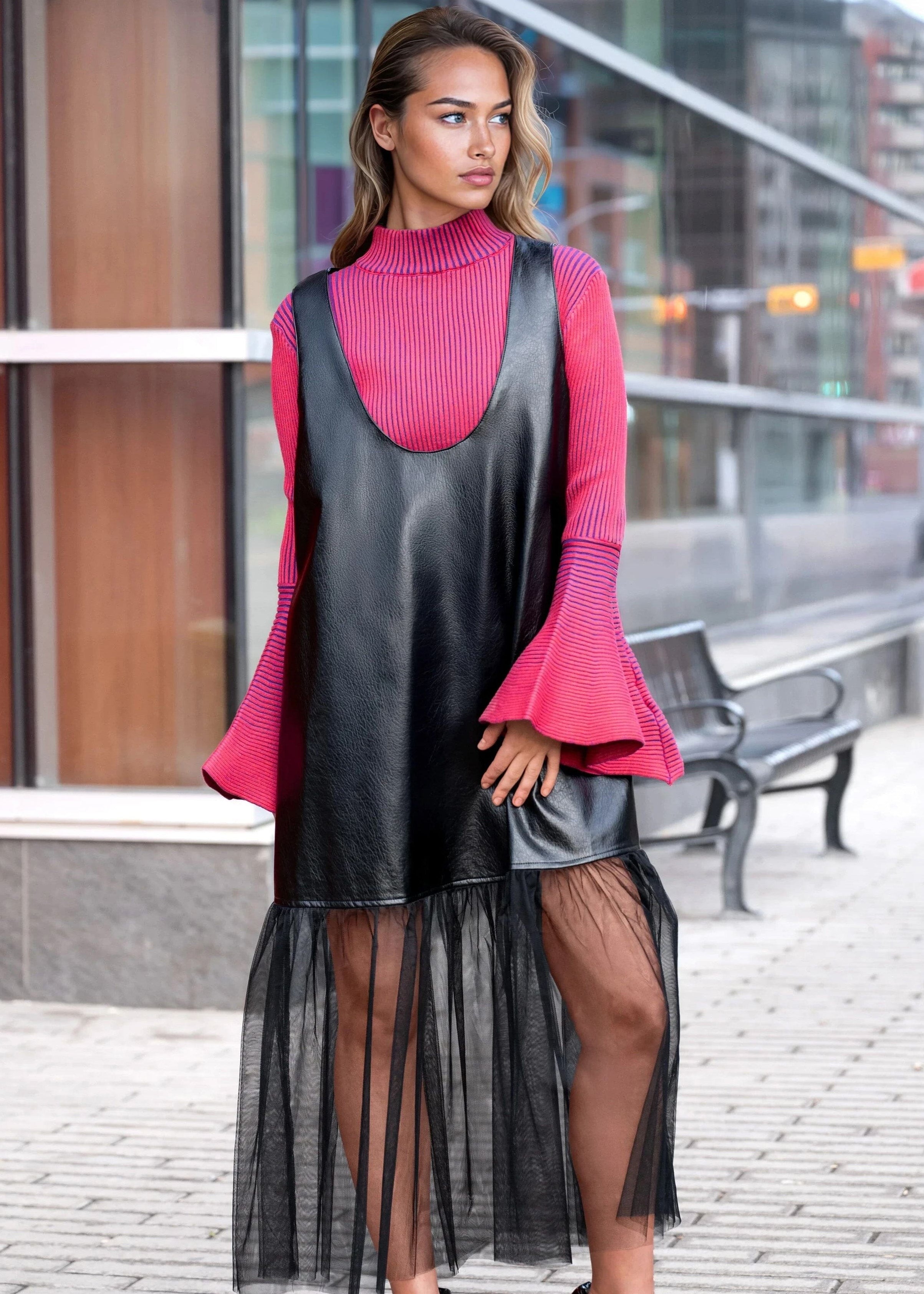 Tulle Hem Faux Leather Layering Dress - Kate Hewko