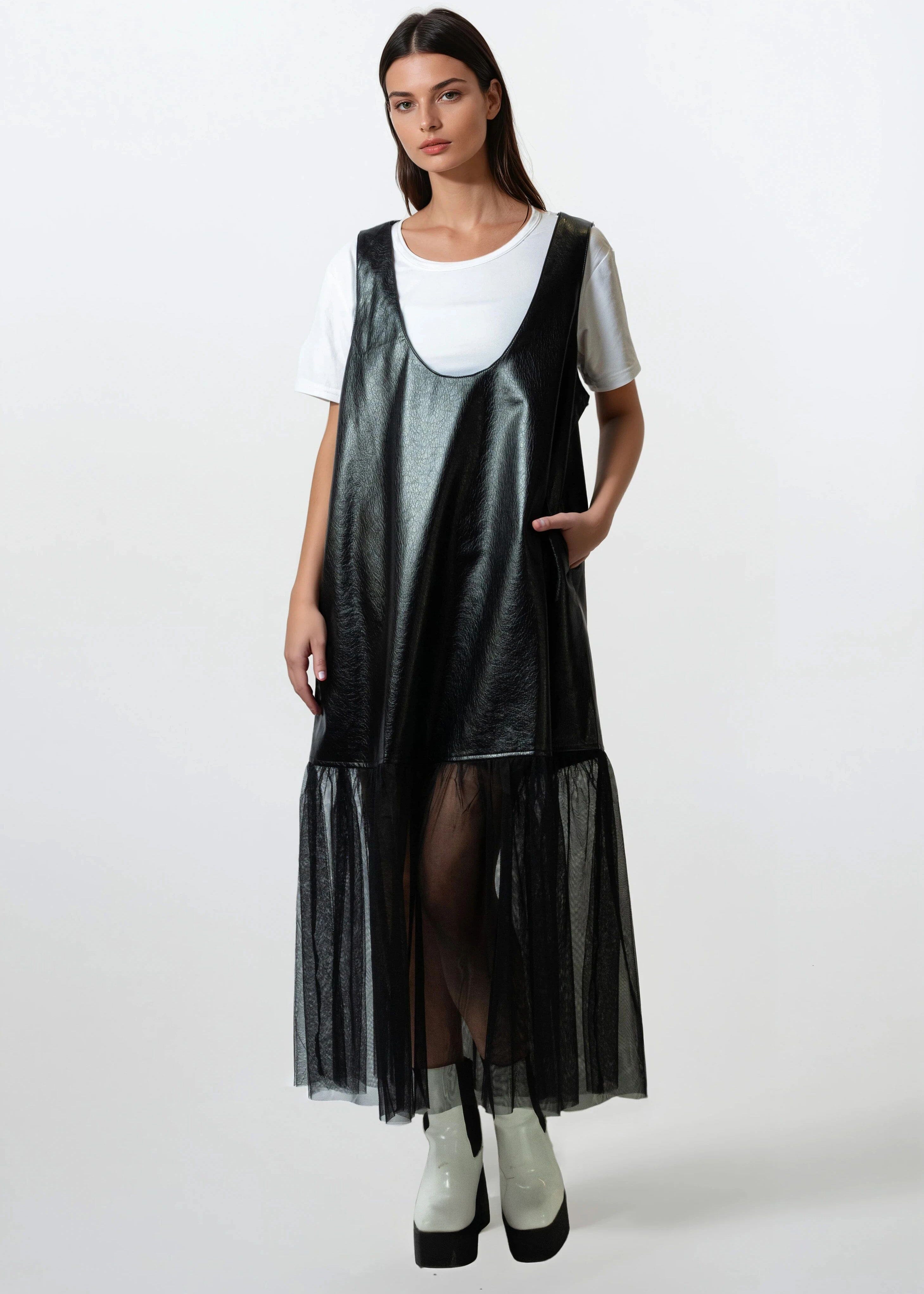 Tulle Hem Faux Leather Layering Dress - Kate Hewko