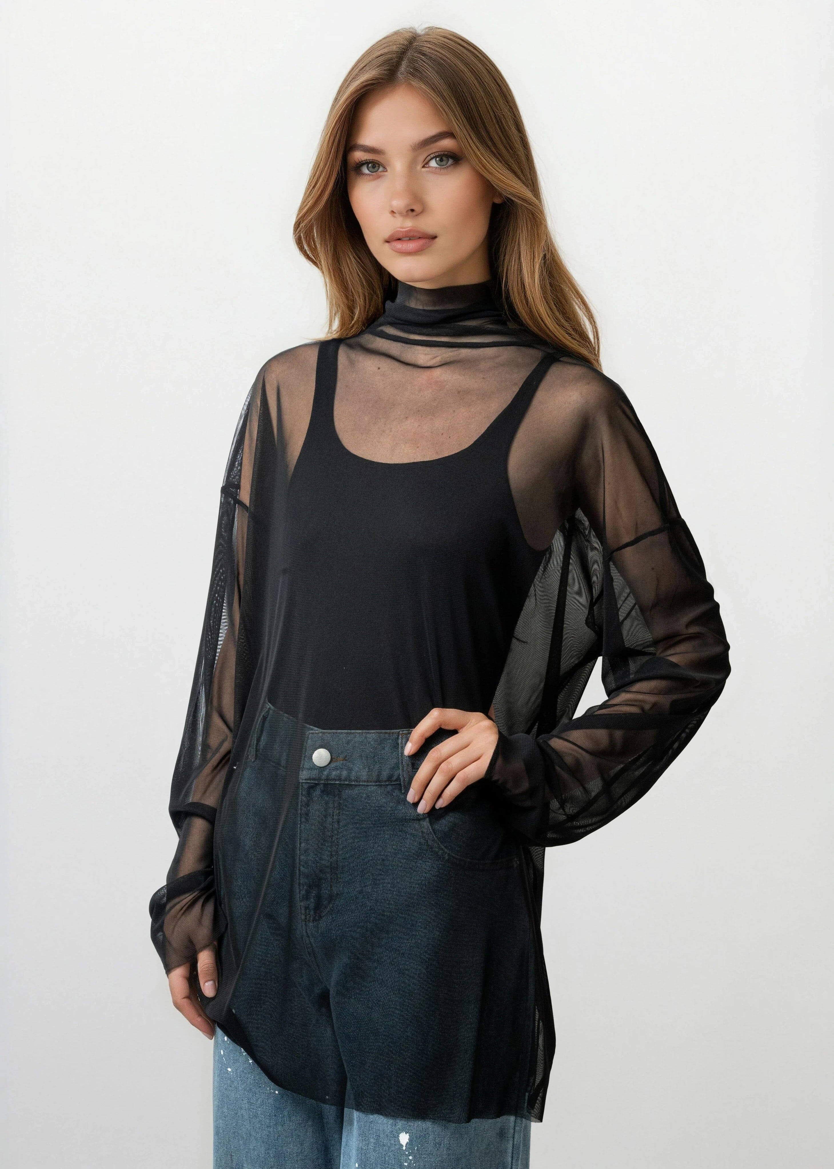 Turtleneck Mesh Long Sleeve Top - Kate Hewko