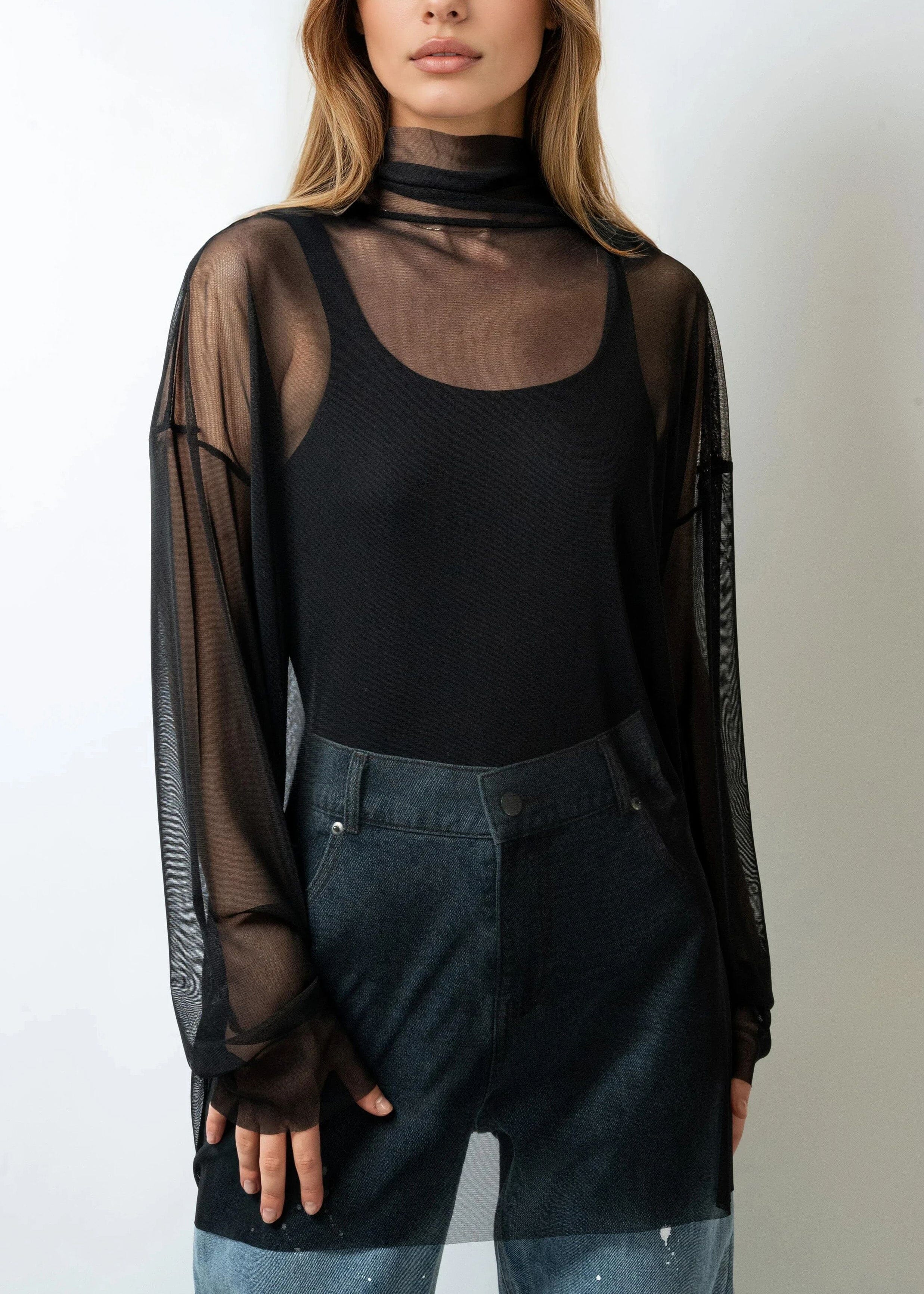 Turtleneck Mesh Long Sleeve Top - Kate Hewko